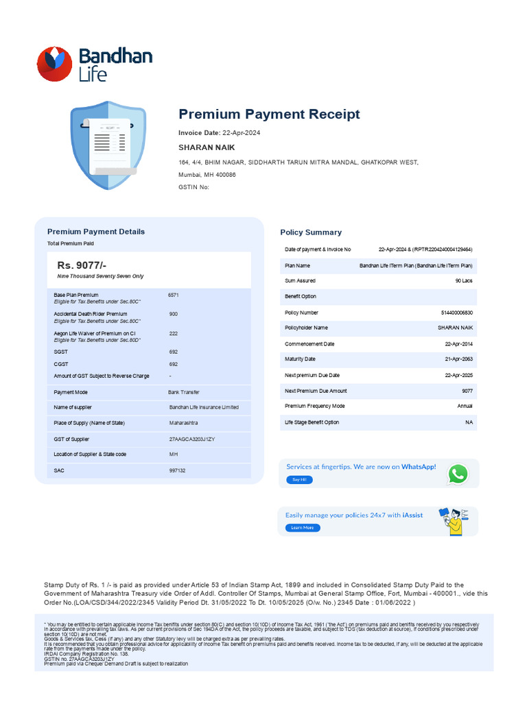 Renewal Receipt | PDF | Life Insurance | Taxes