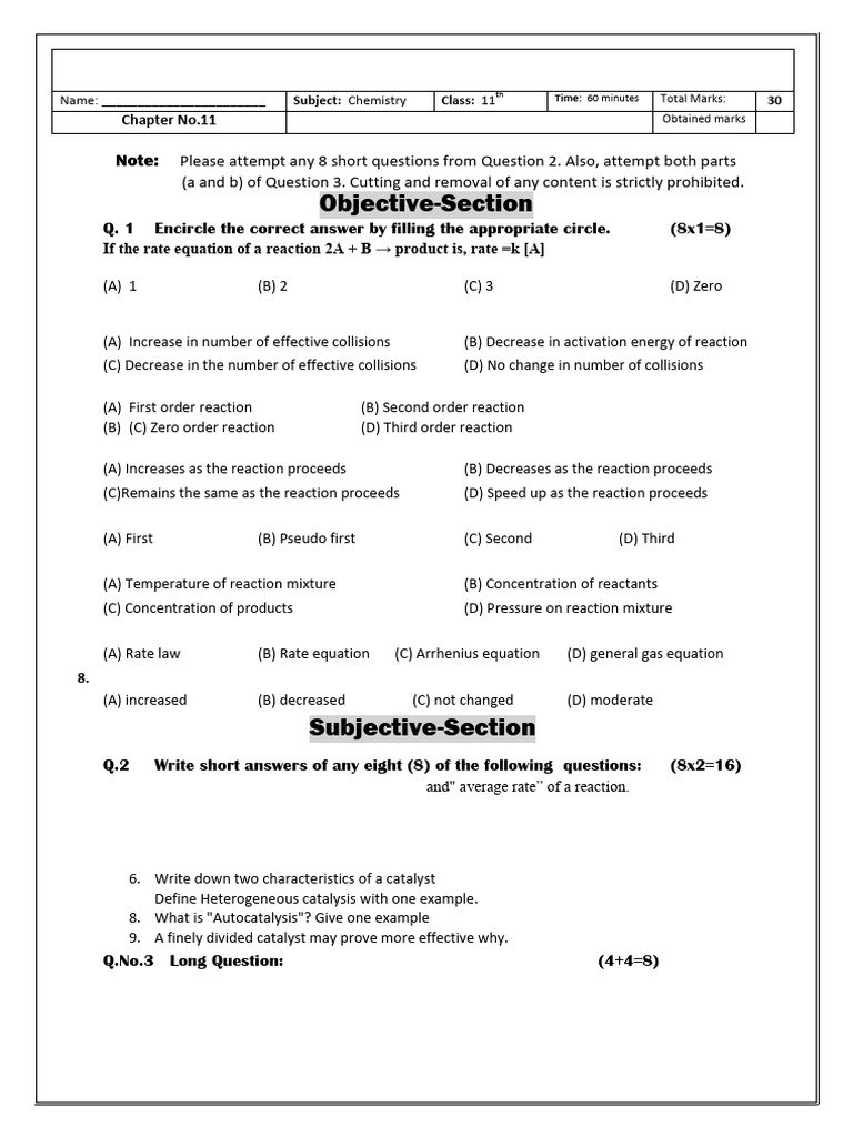 Ch11 11th Class Chemistry 30 Marks | PDF | Reaction Rate | Chemical Reactions