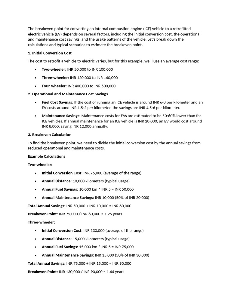 Breakeven Analysis for EV Retrofitting | PDF | Electric Vehicle | Fuel ...