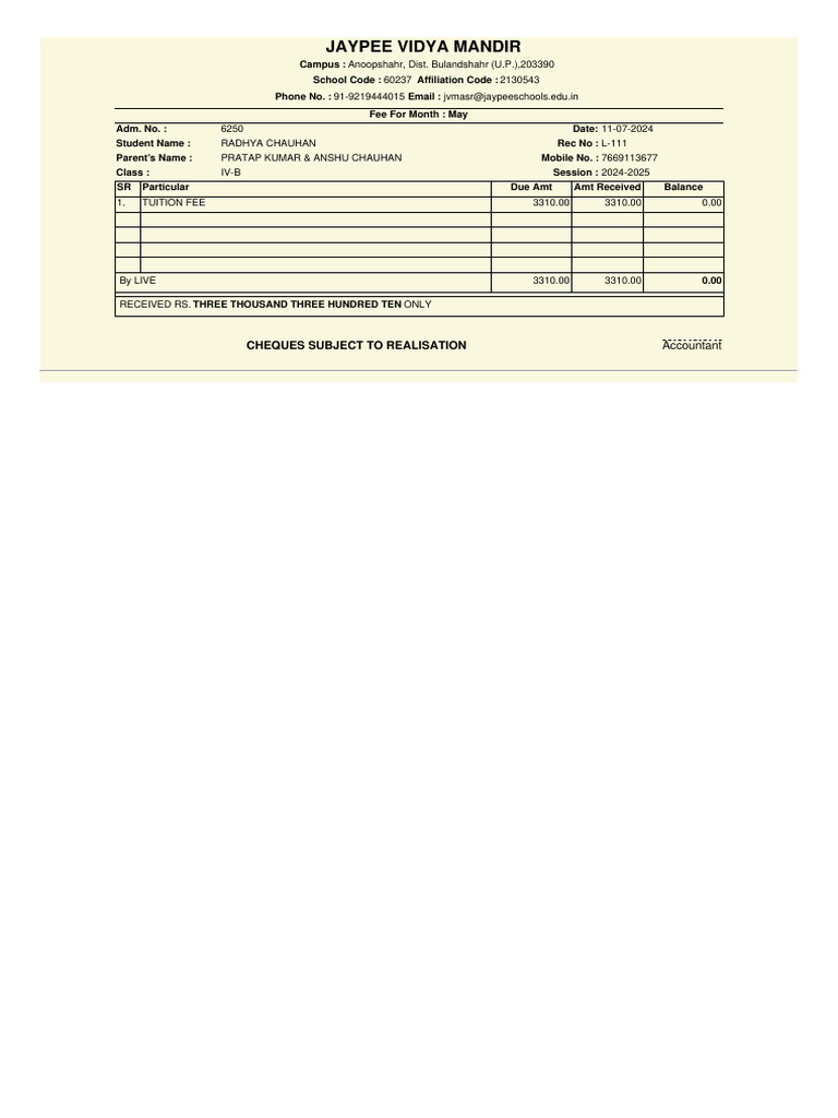 Jaypee Vidya Mandir: Cheques Subject To Realisation | PDF