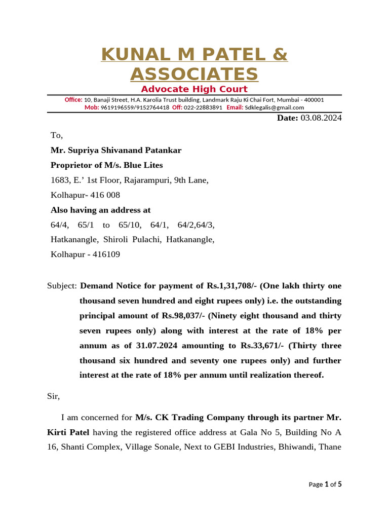 Demand Notice for Outstanding Payment | PDF | Receipt | Business