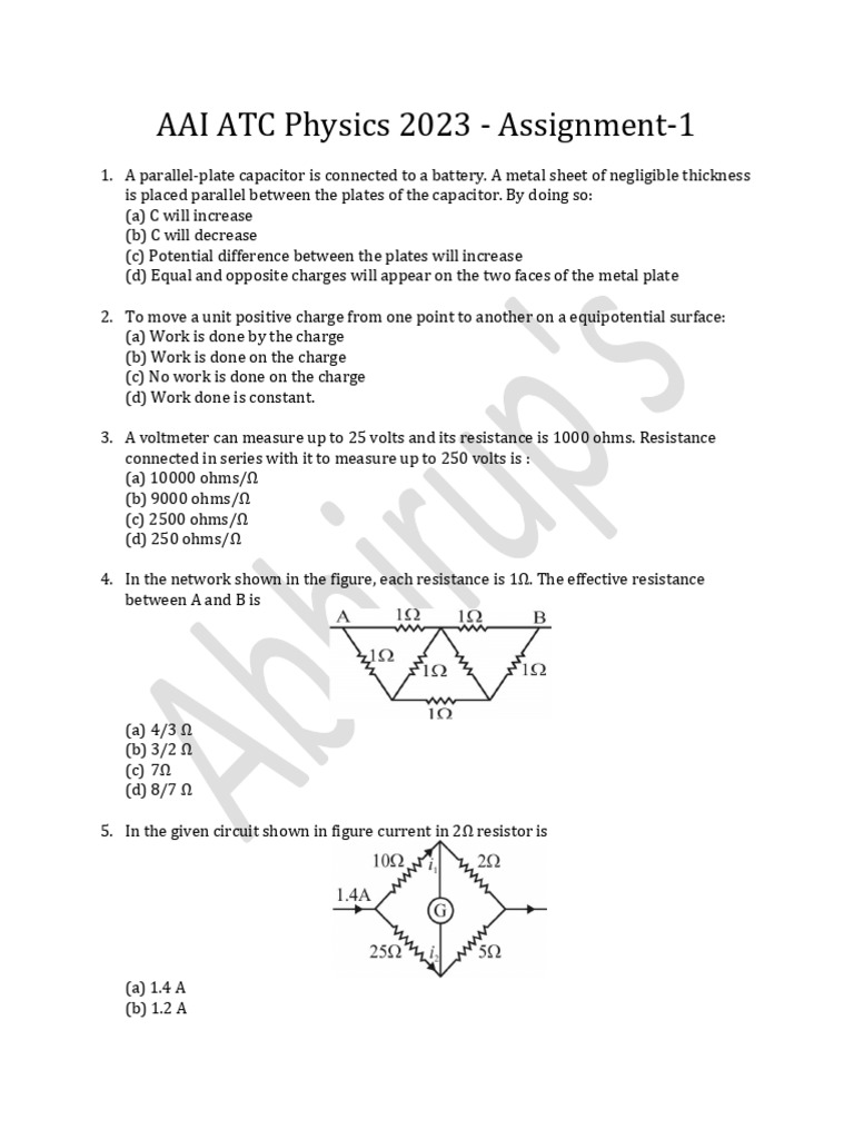 AAI ATC Physics 2023 - Assignment-1 | PDF | Series And Parallel ...