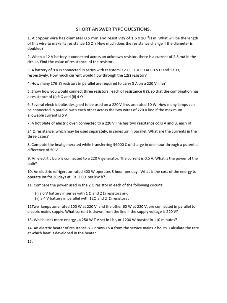 Short Answer Type Questions | PDF | Series And Parallel Circuits | Resistor