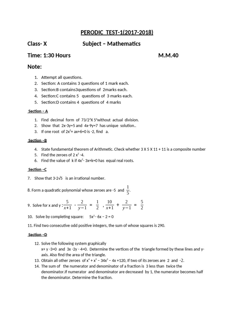 Class X Maths PT 1 2017 D | PDF