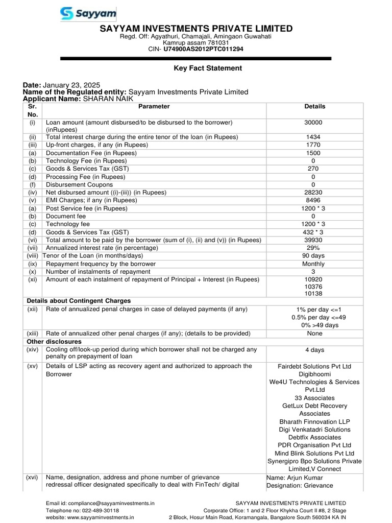 Sayyam Investments Loan Key Facts | PDF | Loans | Interest