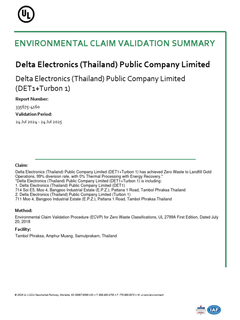 Delta - Certificate-UL2799-Zero-Waste-to-Landfill | PDF | Materials | Environmental Technology