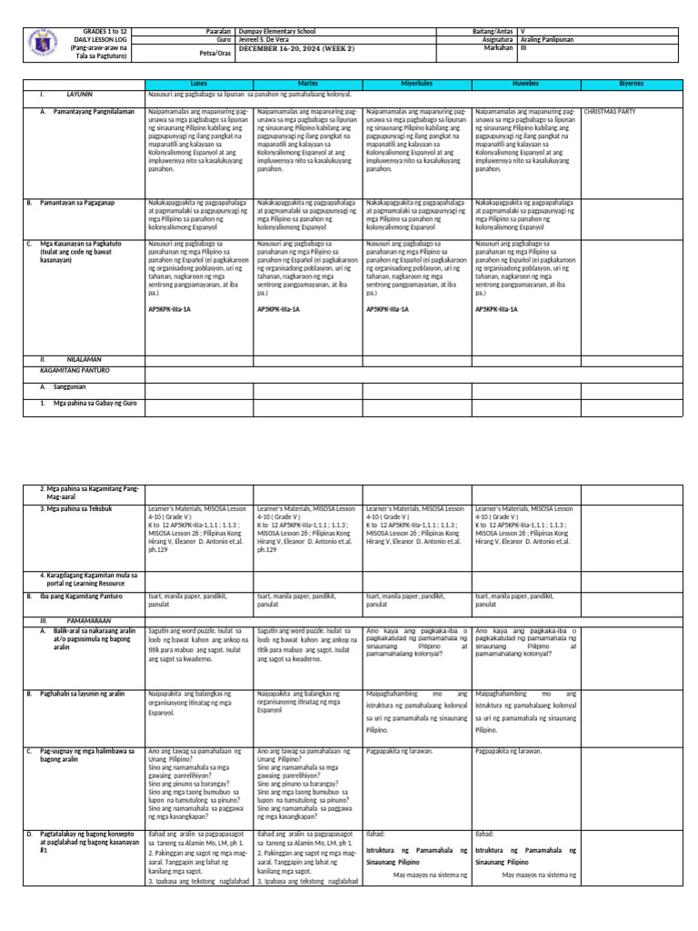 Grade 5 DLL Araling Panlipunan 5 Q3 Week 2 | PDF