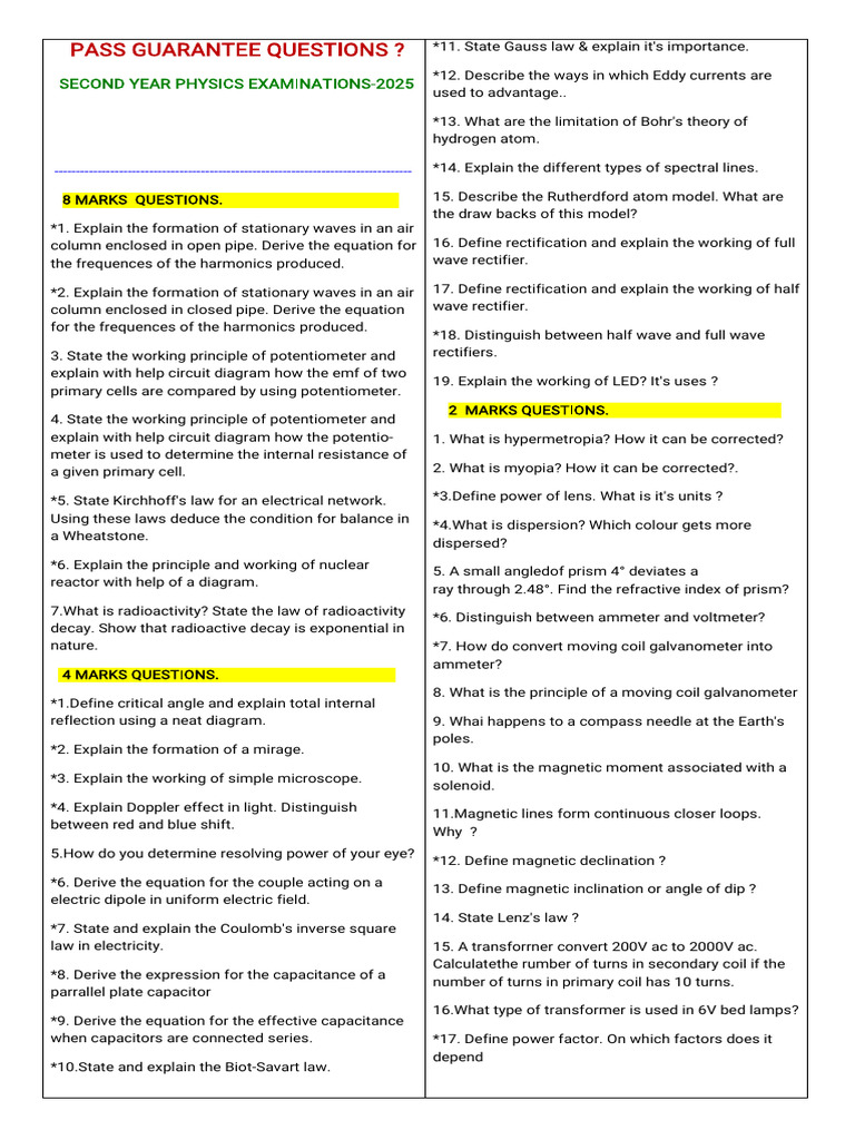 2025 Physics Exam Pass Guarantee Questions | PDF | Electromagnetism | Electricity