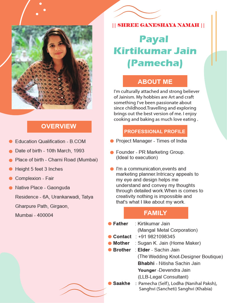 Marriage Biodata Payal Jain_compressed | PDF | Nontheism | Nāstika