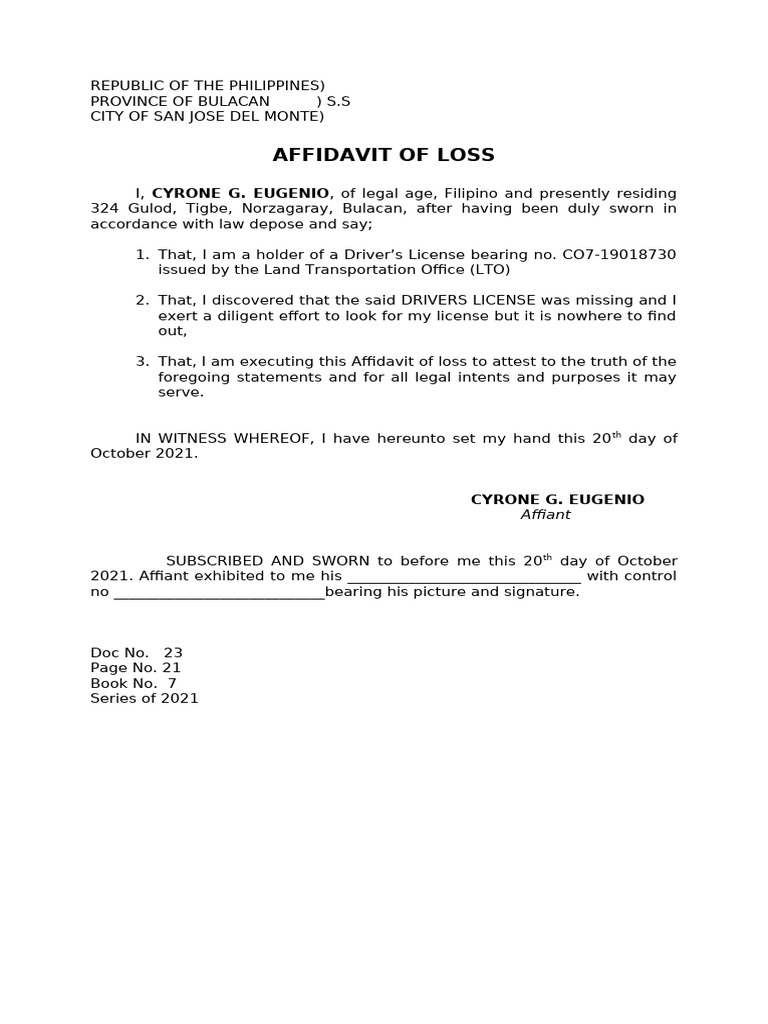 Affidavit of Loss: Driver's License | PDF