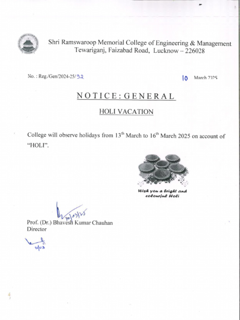 Notice-Holi Vacation 13-16 March 2025 | PDF