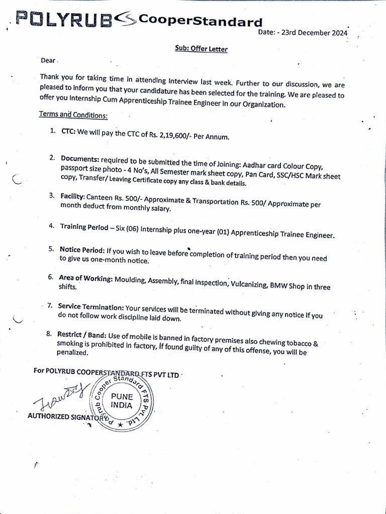 Sample Format - Internship Cum Placement Offer Letter | PDF