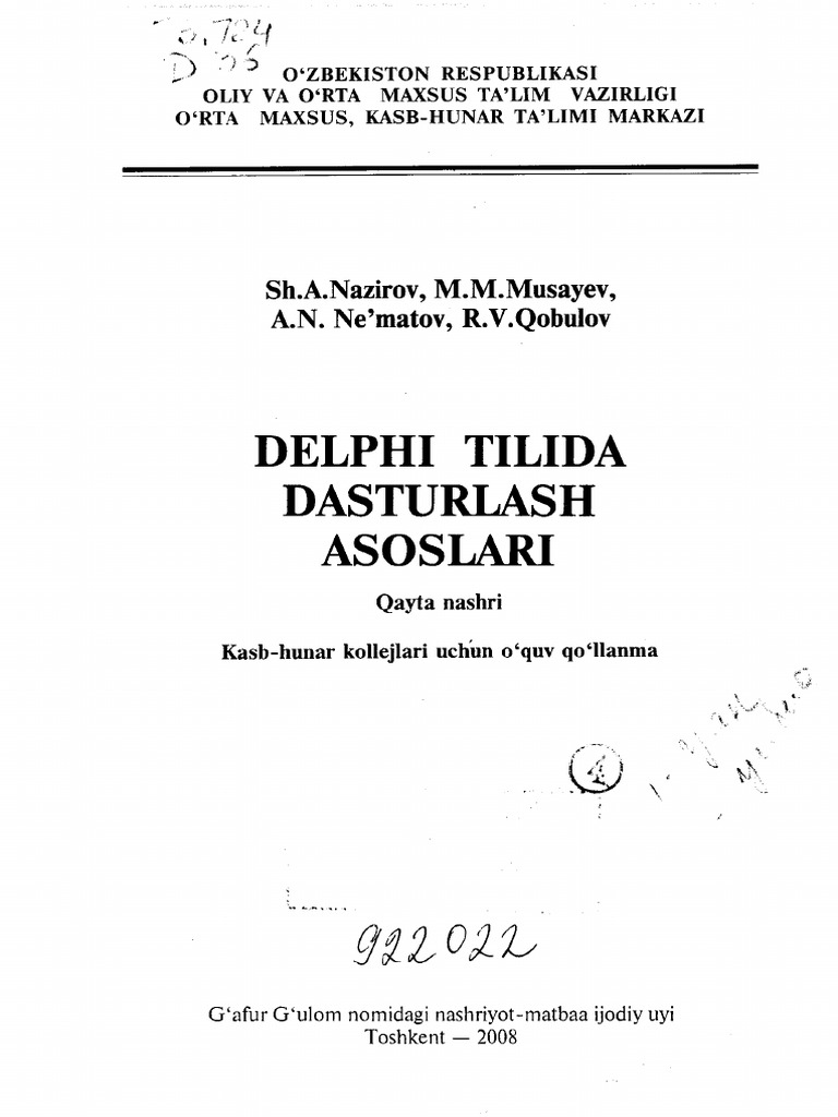 Delphi Tilida Dasturlash Asoslari | PDF