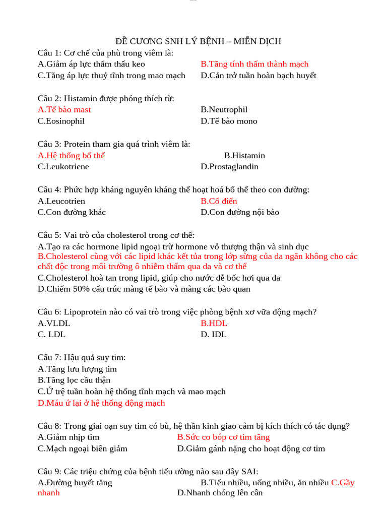 ĐỀ CƯƠNG SINH LÝ BỆNH MIỄN DỊCH | PDF