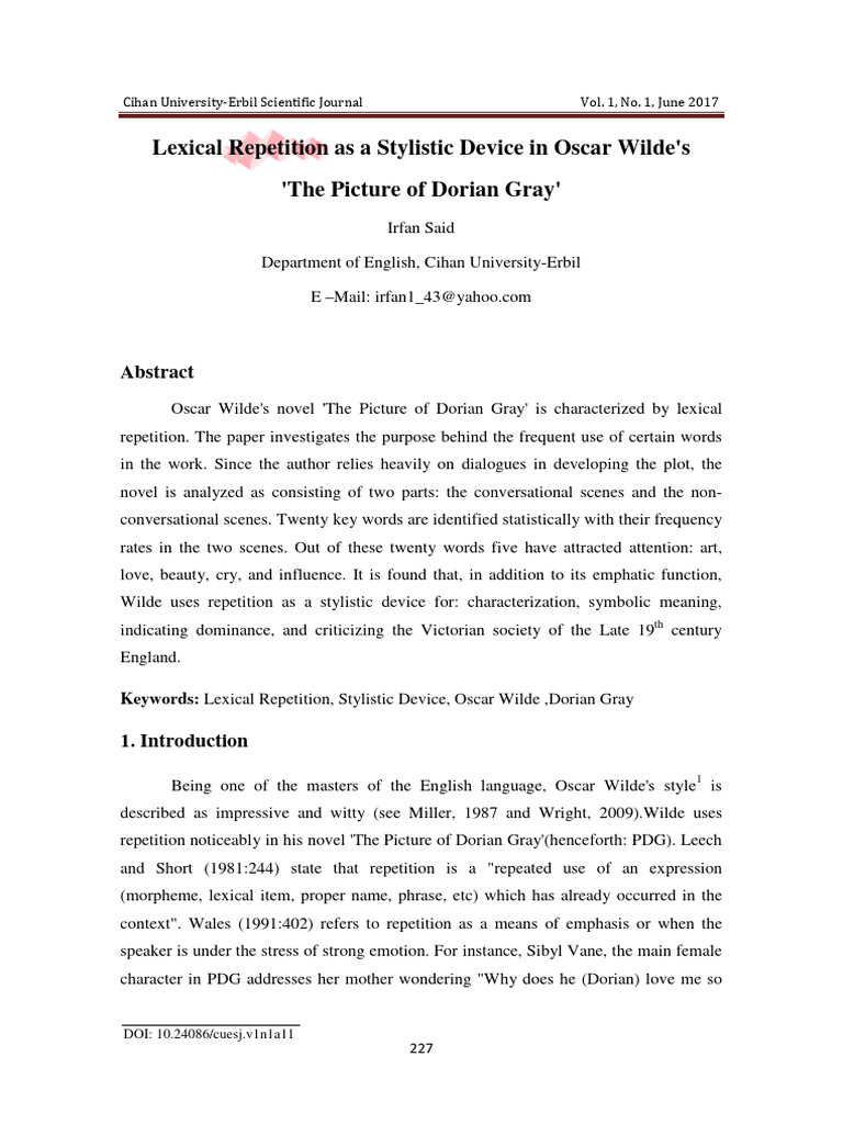 Lexical Repetition As A Stylistic Device in Oscar Wilde's 'The Picture ...