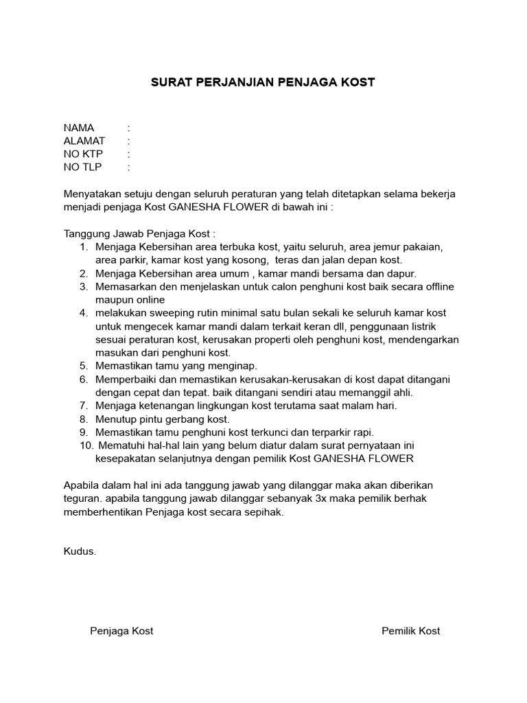 SURAT PERJANJIAN PENJAGA KOST | PDF