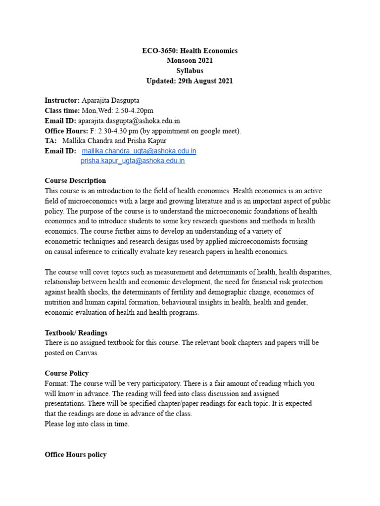 Health Economics Course Syllabus 2021 | PDF | Economics | Academic ...