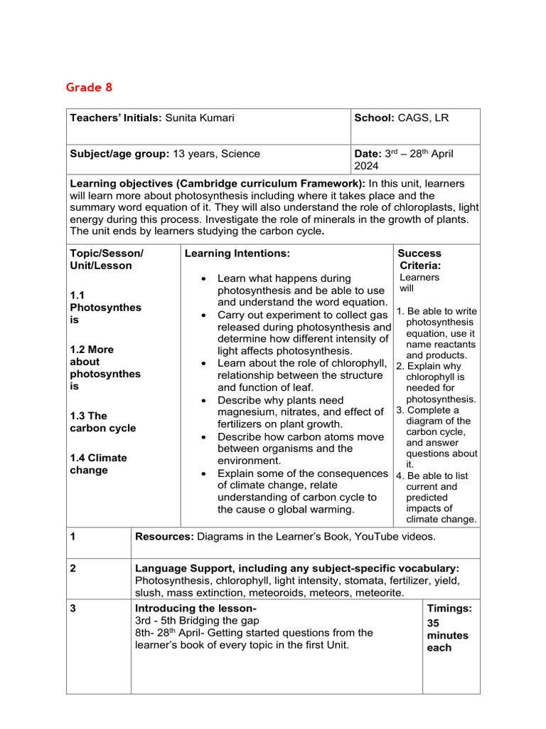 Lesson Plan Grade 8 2024 | PDF | Photosynthesis | Plants