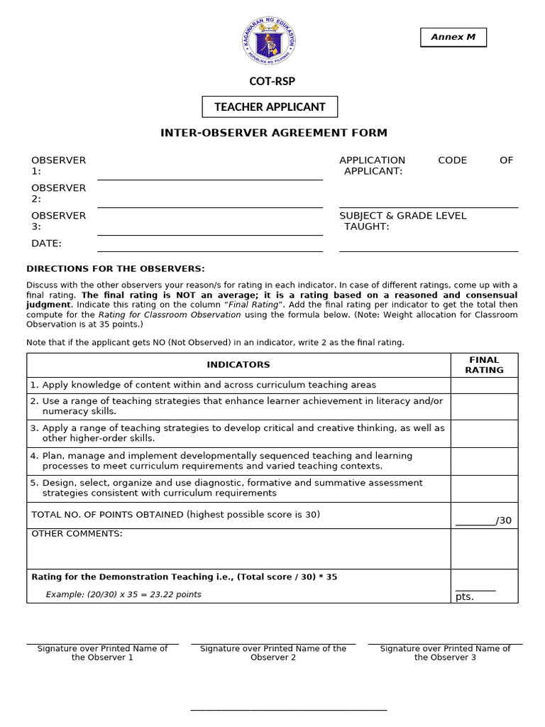 Inter-Observer Agreement Form | PDF | Curriculum | Educational Assessment