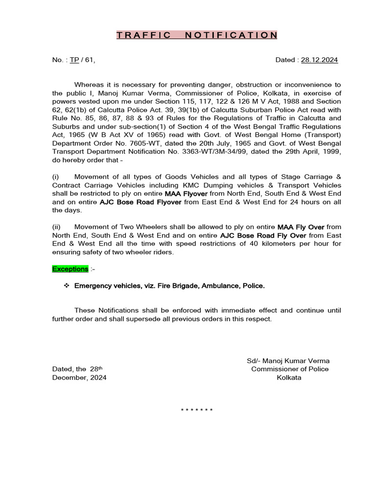 Maa Flyover Traffic Restrictions Notice | PDF