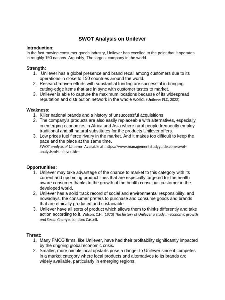 SWOT Analysis On Unilever | PDF | Brand | Unilever