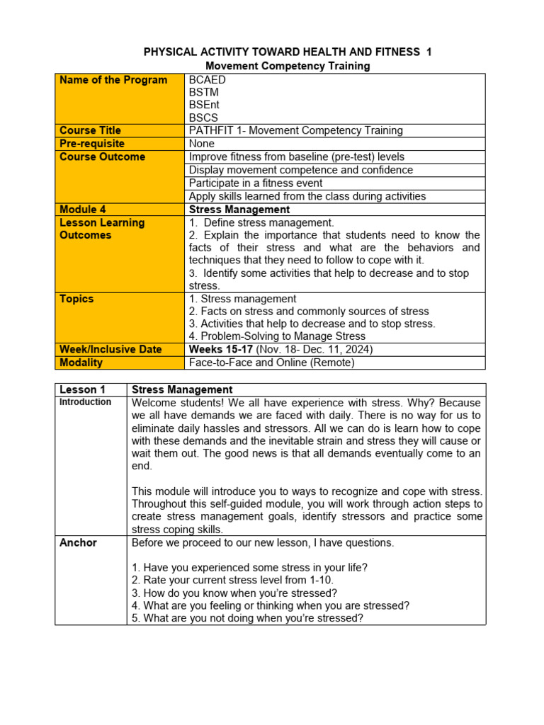 PATHFIT 1 MODULE 4 ASSESSMENT IN LEARNING 2 - Module 1 | PDF | Stress (Biology) | Stress Management