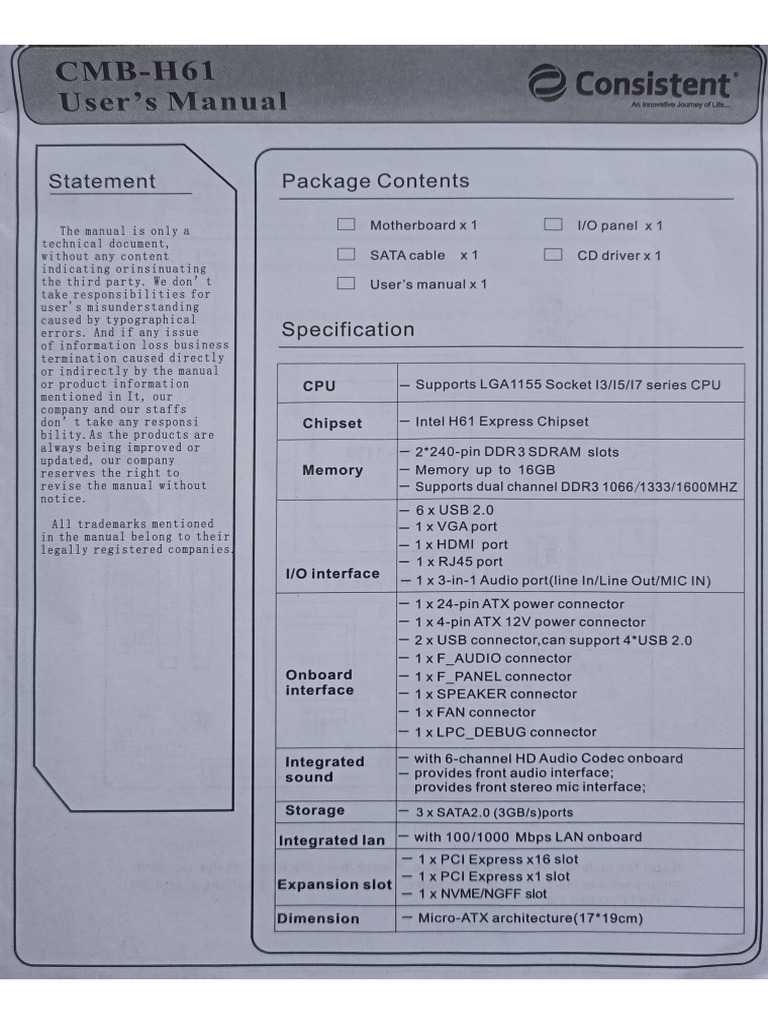 Consistent - CMB-H61 - Motherboard User's Manual - (To My House) | PDF