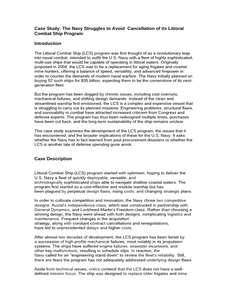 Case Study-The Navy Struggles To Avoid Cancellation of Its Littoral Combat Ship Program | PDF ...