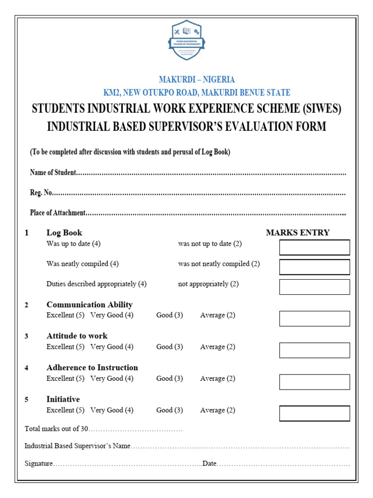 SIWES Evaluation Form | PDF