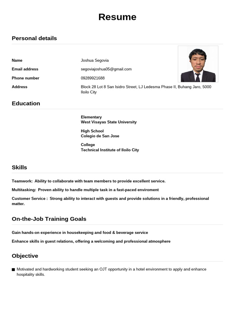Hospitality Student Resume for OJT | PDF