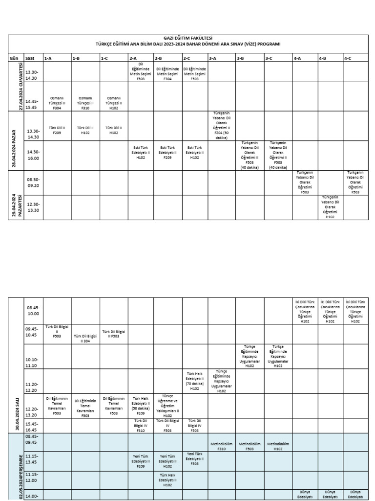 2023-2024-Bahar-Vize-Programi-Gozetmensiz 2 | PDF