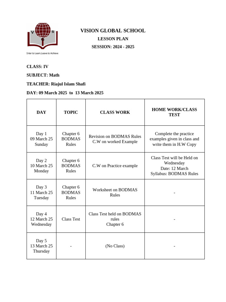 Class IV Math Lesson Plan 2024-2025 | PDF