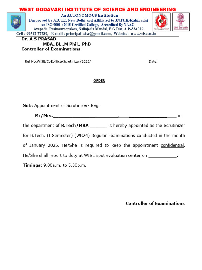 Scrutinizer Appointment for B.Tech Exams | PDF