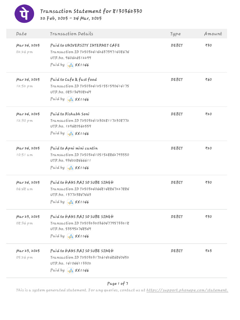 PhonePe Mini Statement Summary | PDF | Debit Card | Business