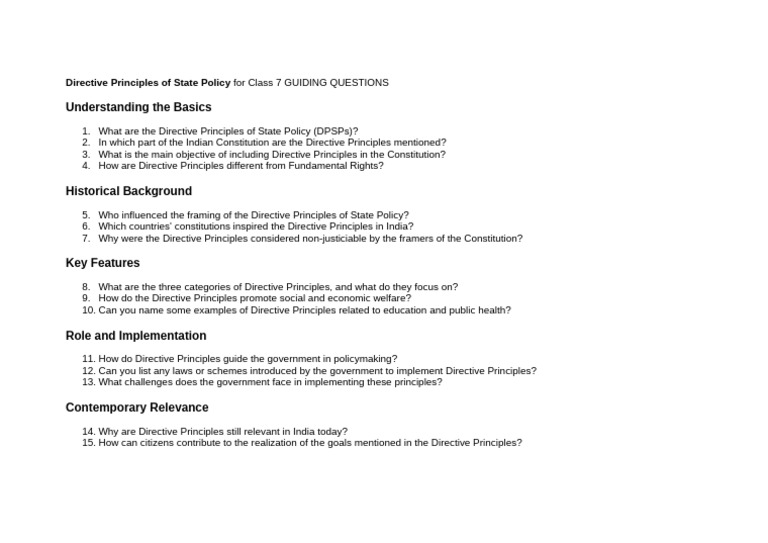 Directive Principles of State Policy For Class 7 GUIDING QUESTIONS | PDF
