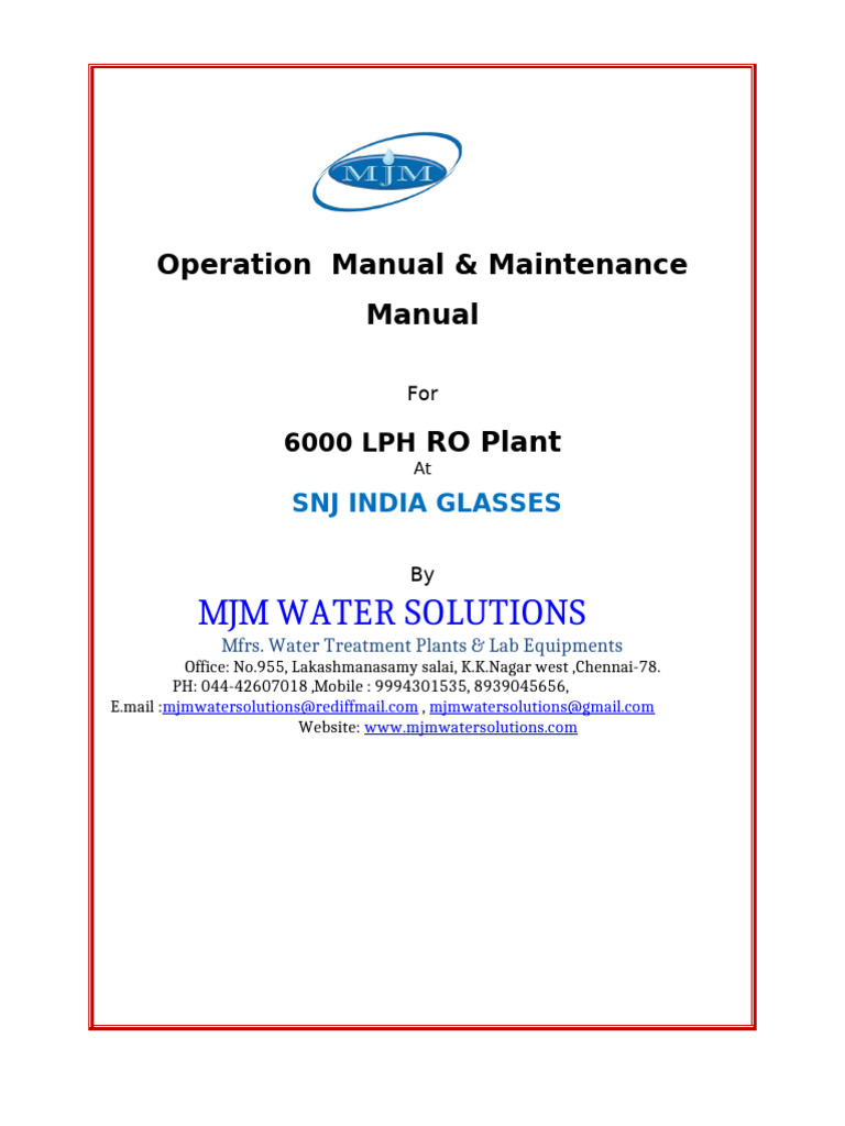 RO Operation manual. Hand book | PDF | Water | Water Treatment
