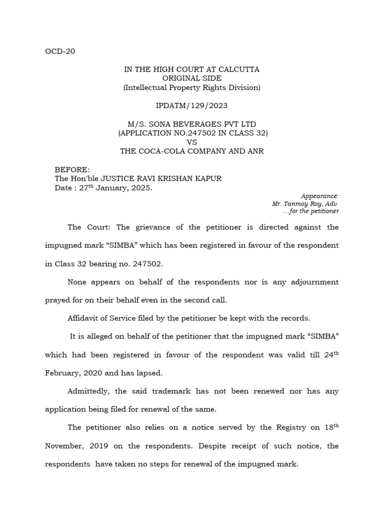 Simba Win Against Coca Cola - Court Order | PDF | Trademark | Domain ...