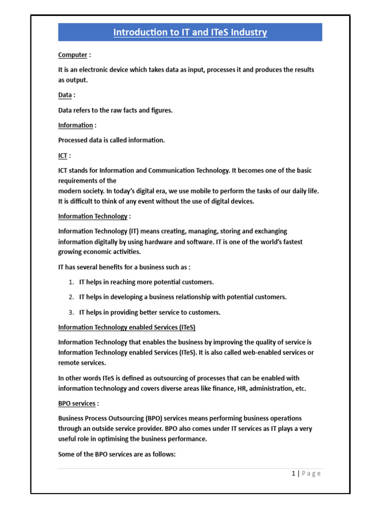 Introduction to IT and ITeS Industry | PDF | Outsourcing | Educational ...