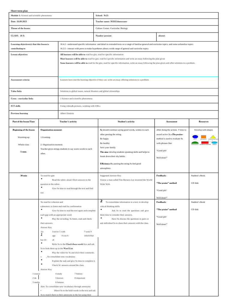 Biology Lesson Plan for 10A Students | PDF | Curriculum | Vocabulary