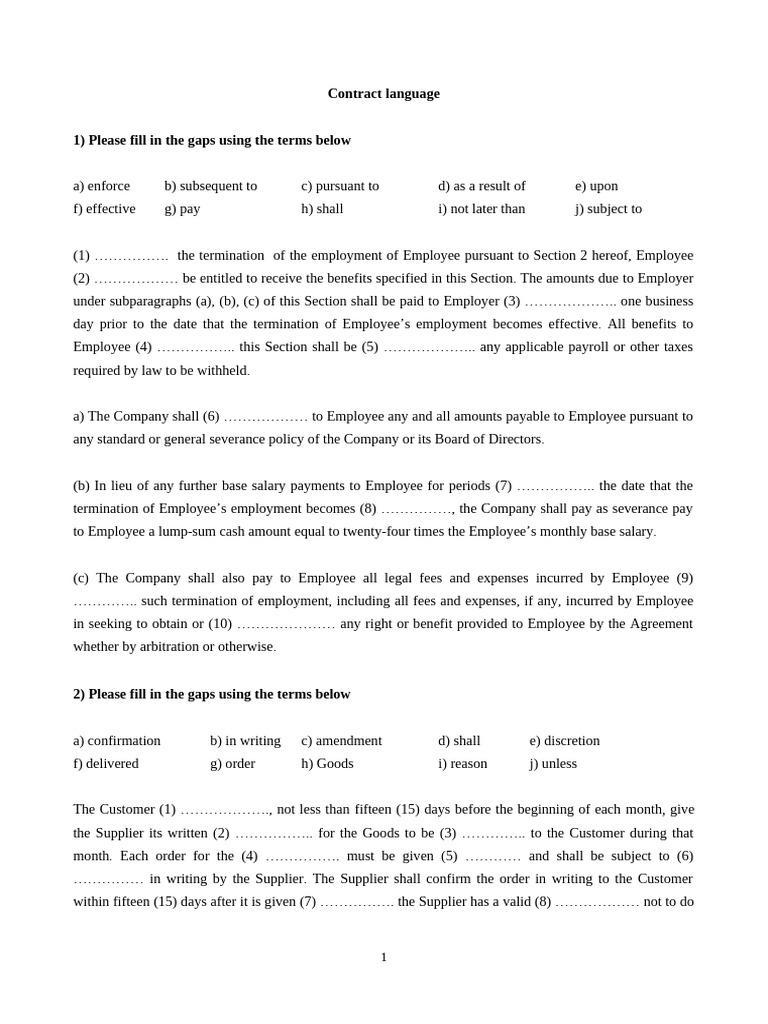 Contract Language Gap-Filling Exercise | PDF | Business | Business Law