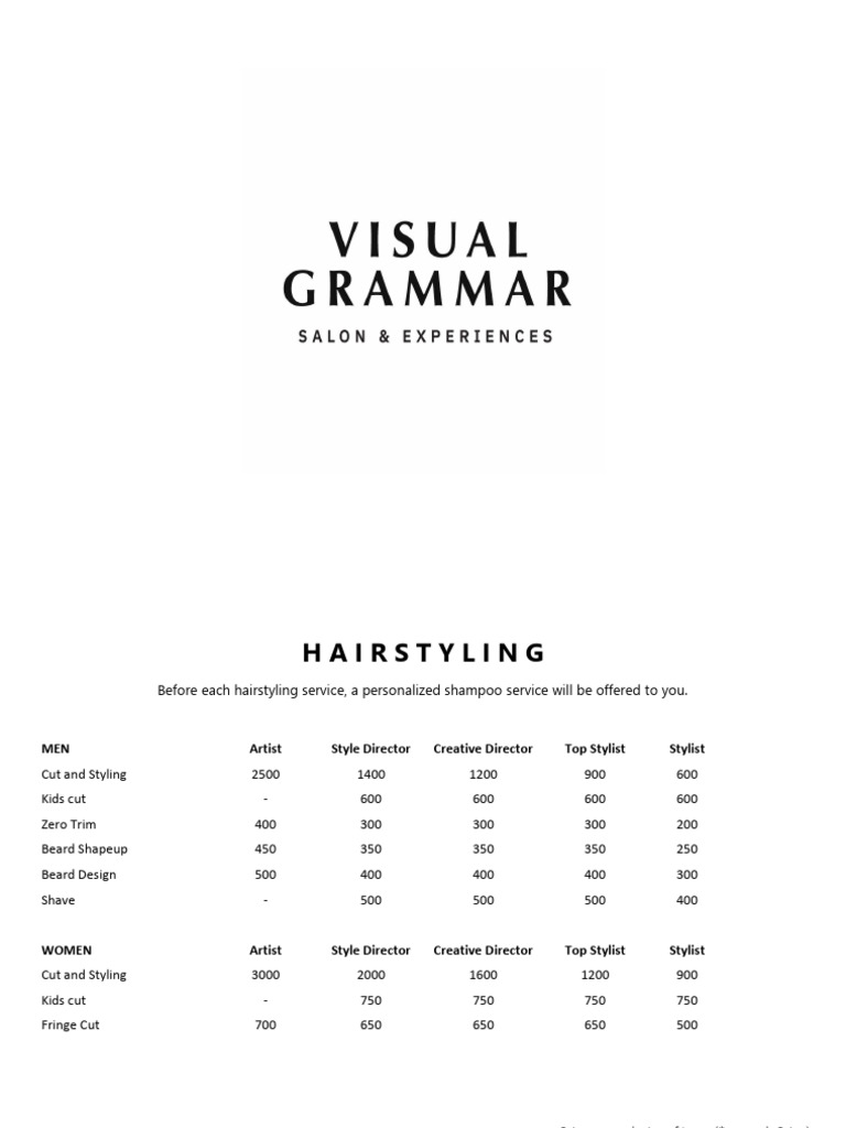 Visual Grammar Salon Price List | PDF | Hair Care | Human Appearance