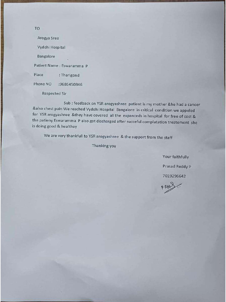 Vydehi Hospital Grievance Pts Feedback Letters | PDF