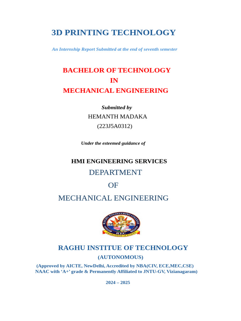 3D Printing Internship Report at HMI | PDF | 3 D Printing