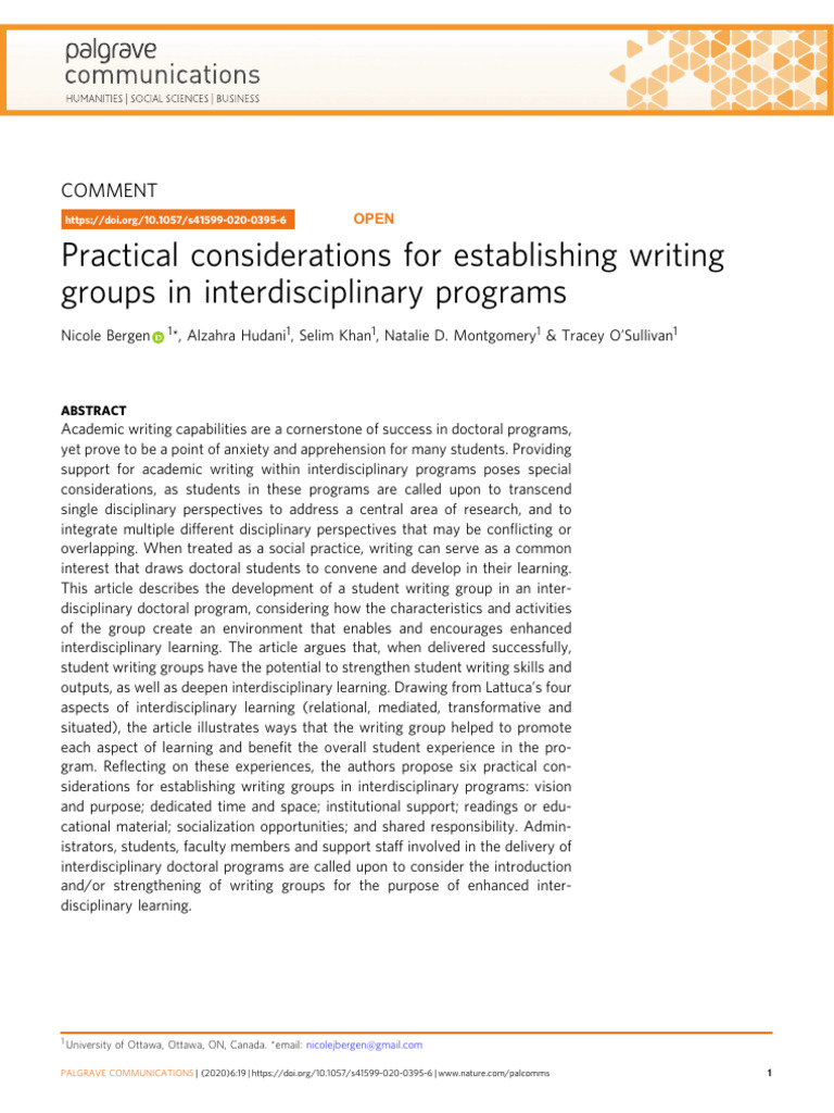 Bergen Et Al. 2020 Writing Groups Palmcoms | PDF | Interdisciplinarity ...