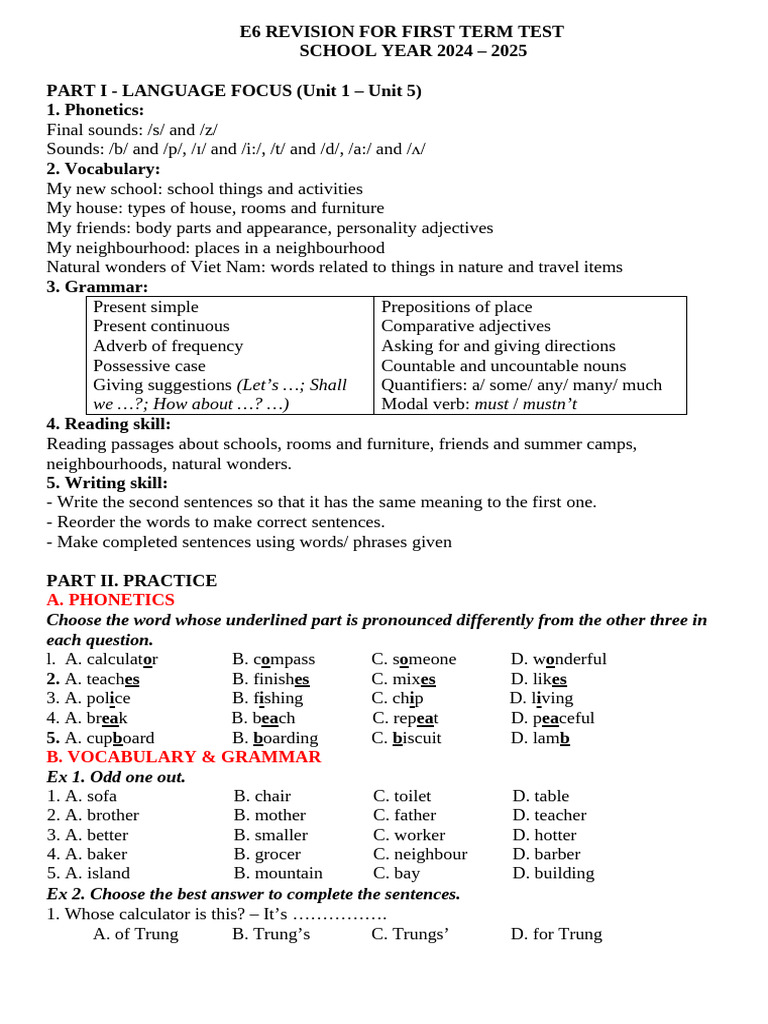 E6 ĐC Cki 24-25 Form M I | PDF | Adjective | Vietnam