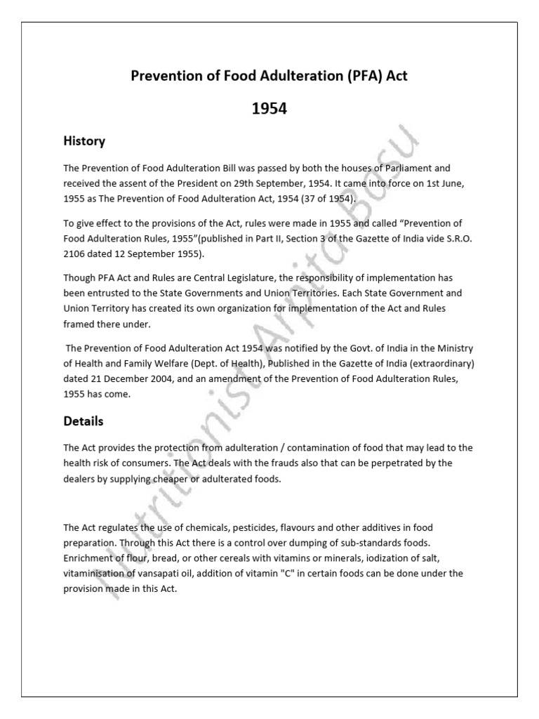 Overview of the PFA Act 1954 | PDF | Foods | Fine (Penalty)