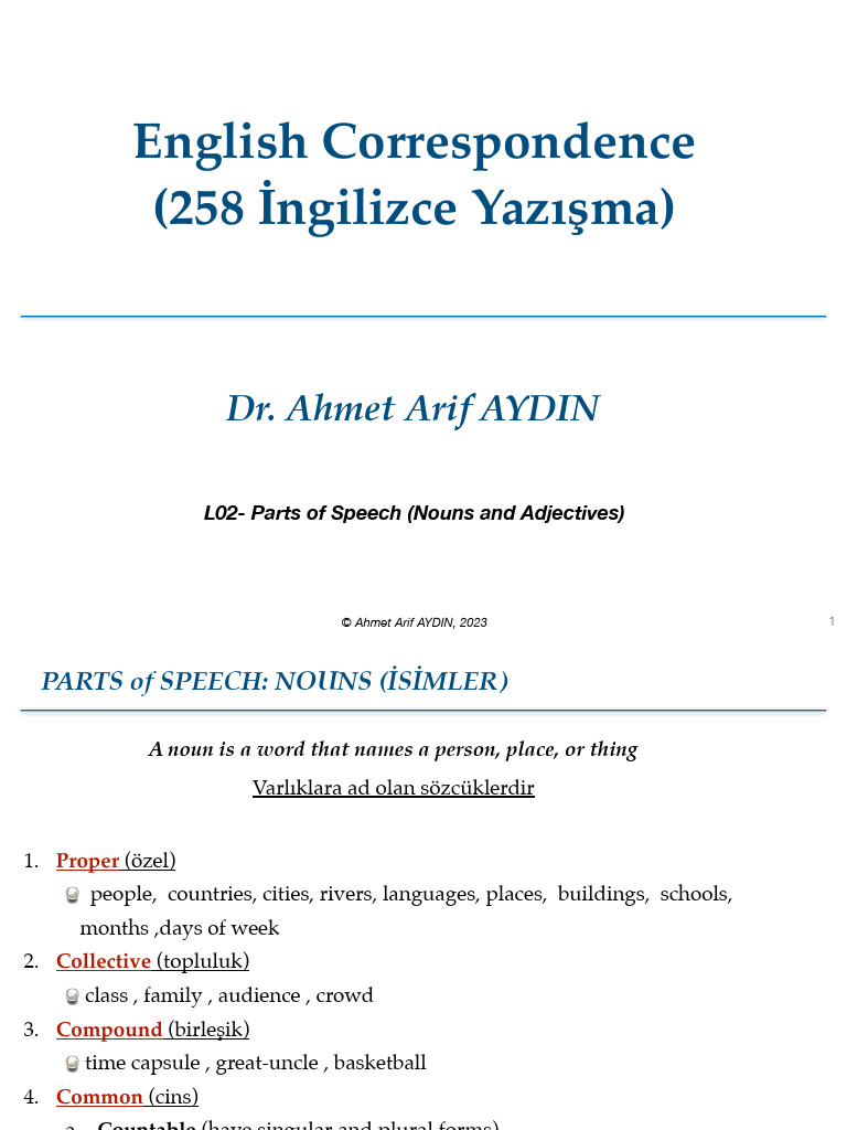 L02-Parts of Speech (Nouns-Adjectives) | PDF | Adjective | Plural