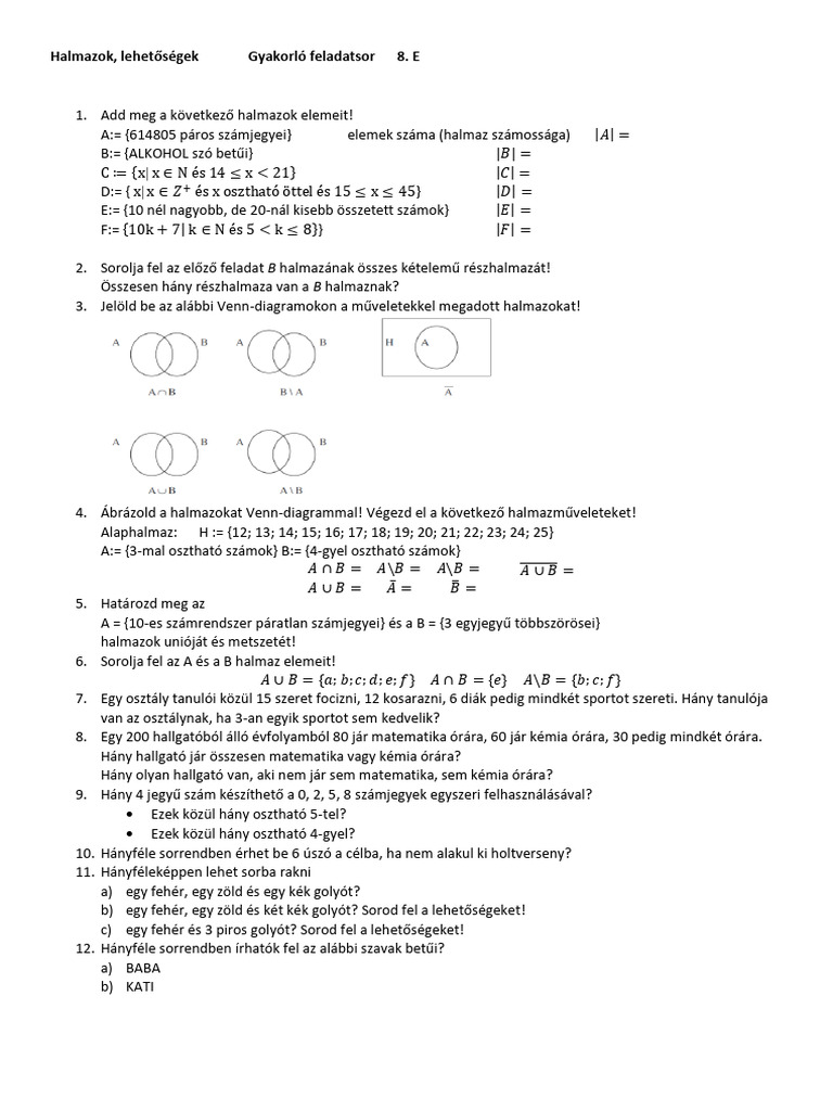 8E - Halmazok - Lehet-S-Gek - Gyakorl - Feladatsor | PDF