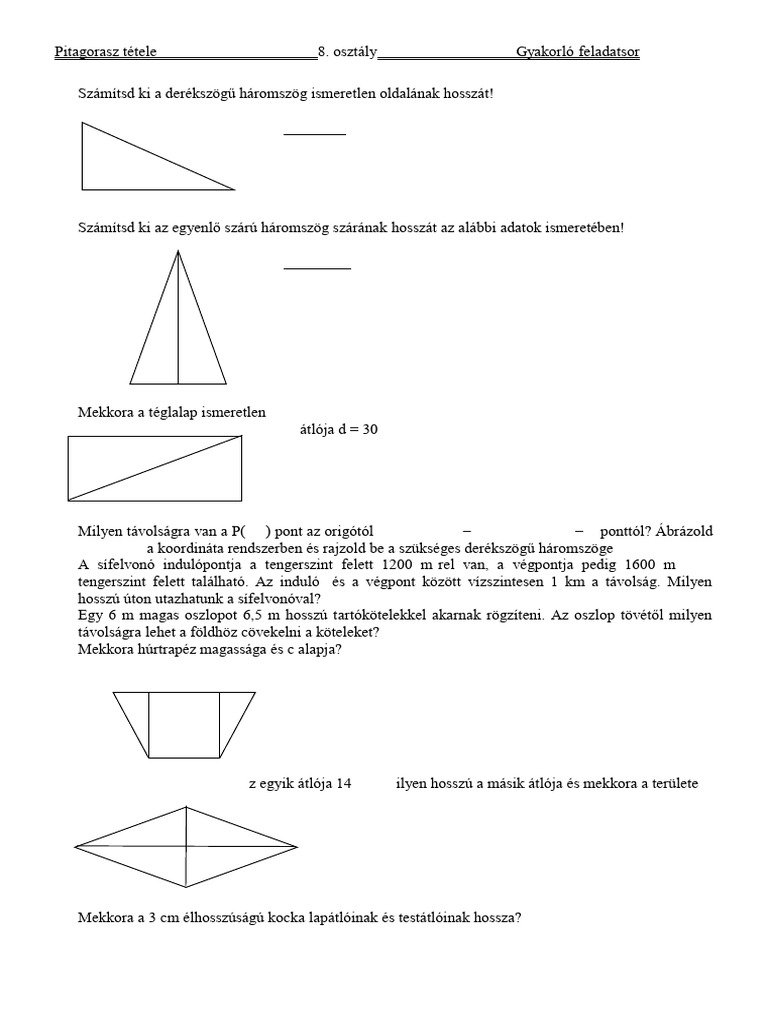 Pitagorasz T-tele Gyakorl- Feladatsor (1) | PDF
