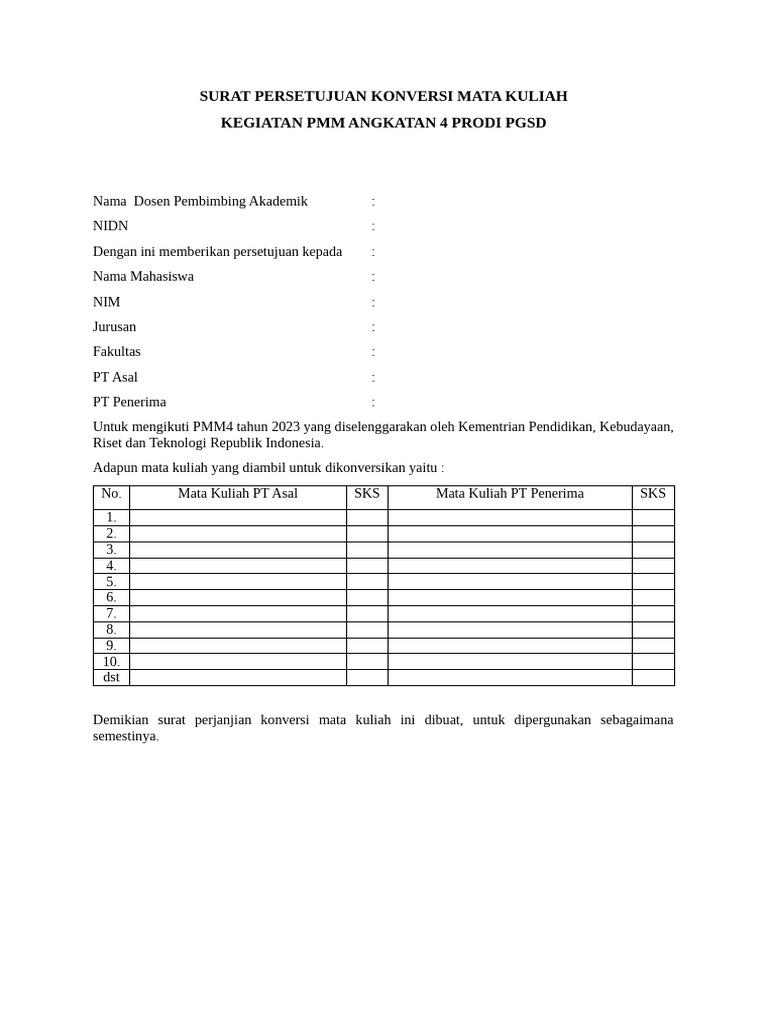 Surat Persetujuan Konversi Mata Kuliah PMM | PDF